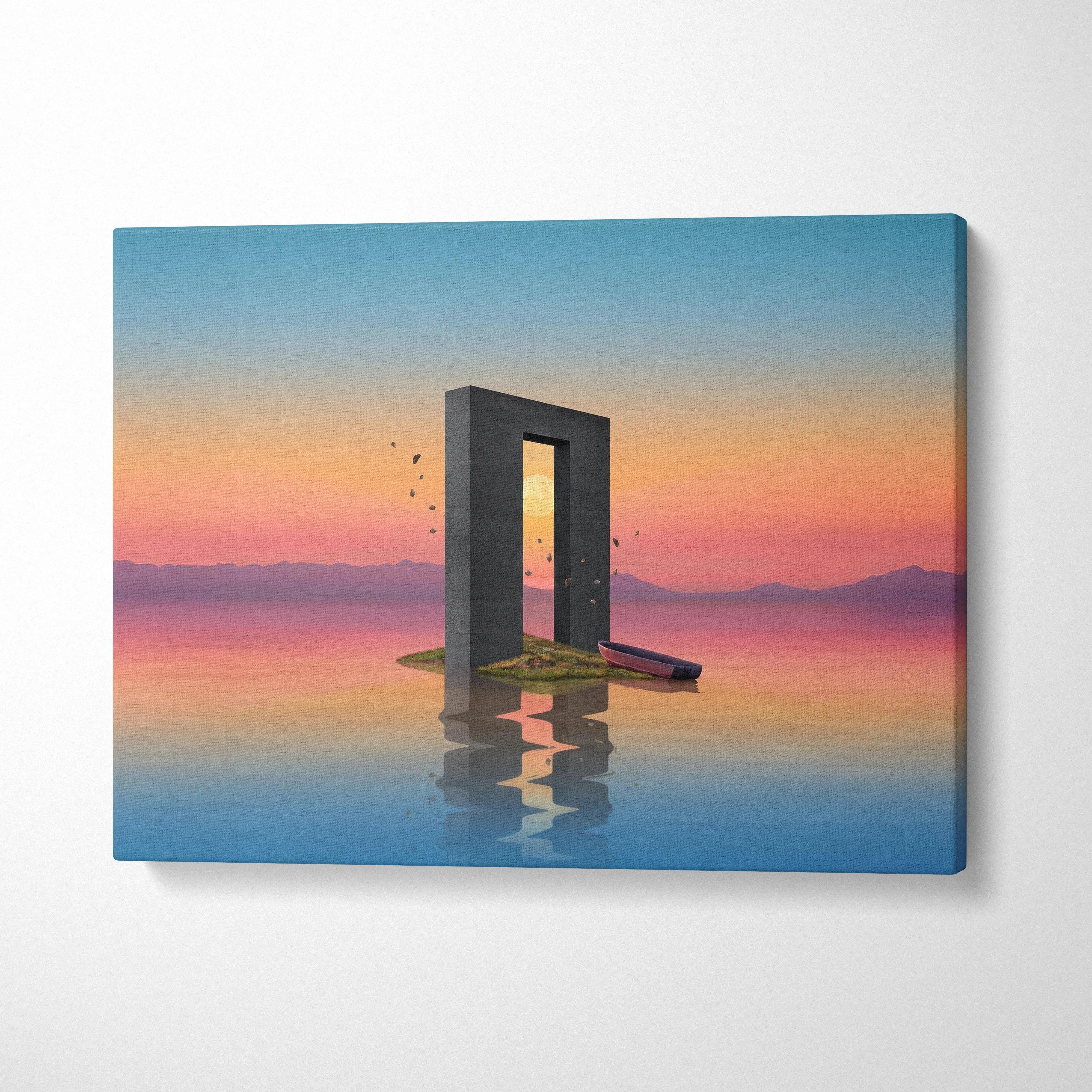 Minimalist Surreal 3D Monolithic Portal Rising From Calm Water Under M ...